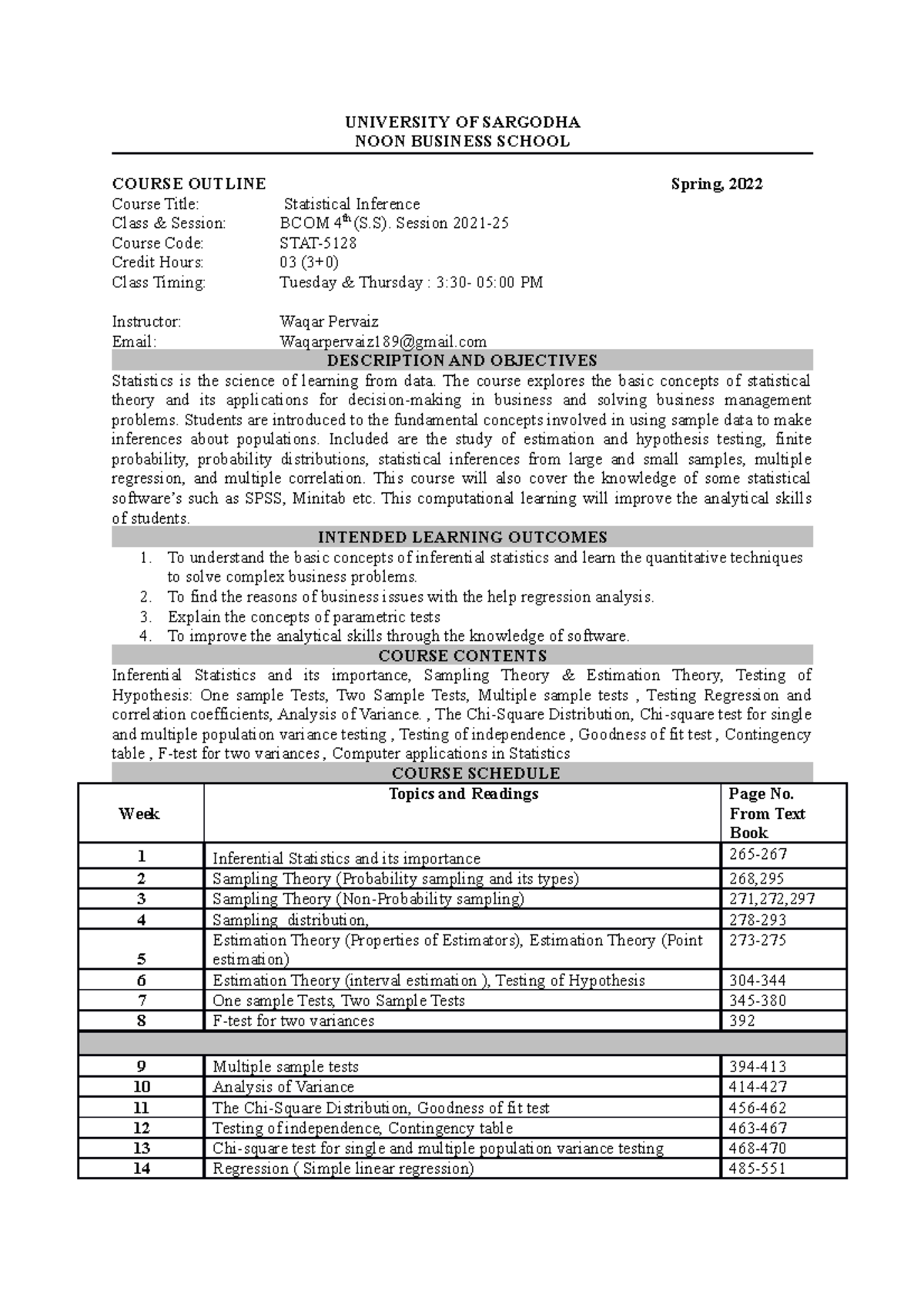 Weekly Plan Statistical Inference 4th S - UNIVERSITY OF SARGODHA NOON ...