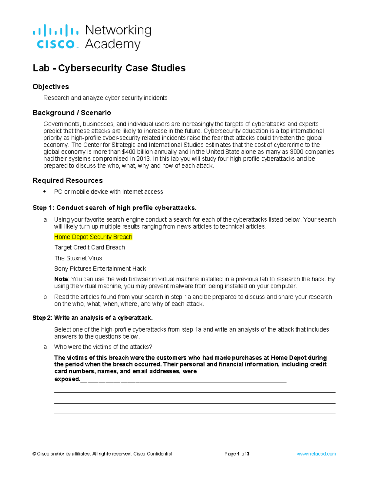 Tutorial 02 - Cybersecurity Case Studies answered - Lab - Cybersecurity Case Studies Objectives ...