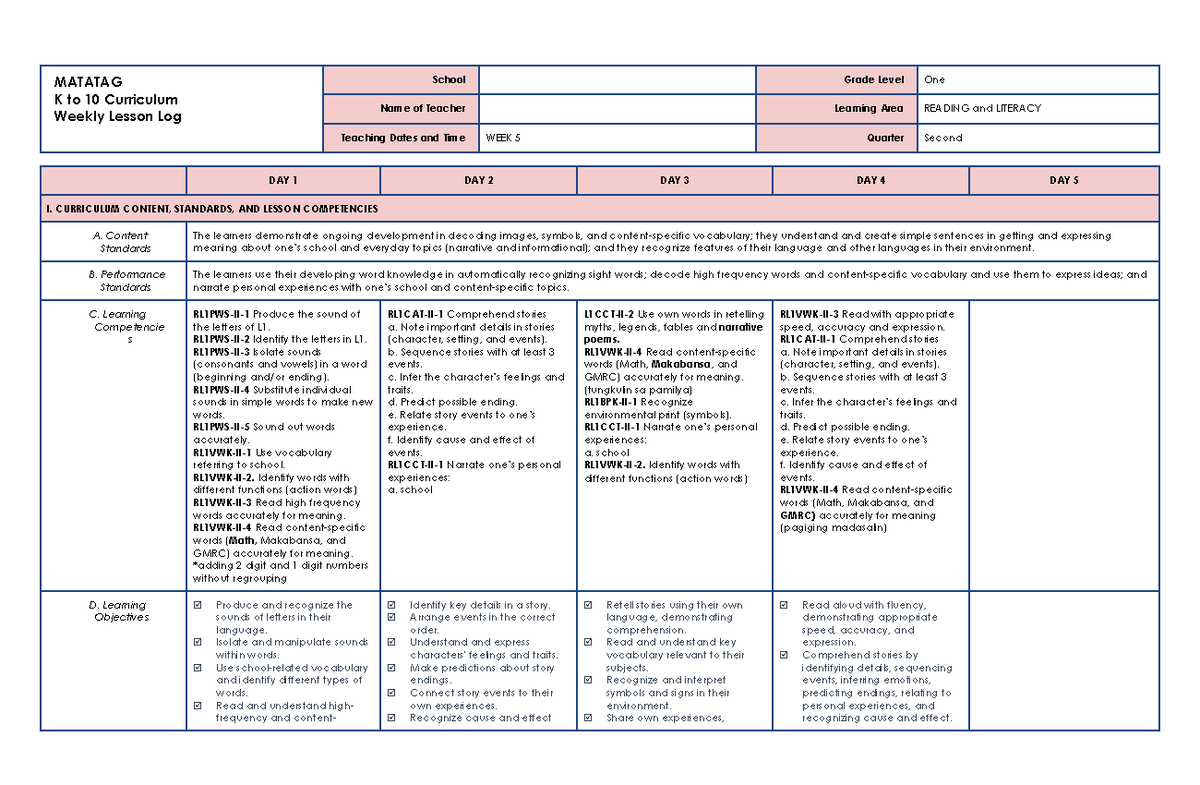 W5 Q2 Reading and Literacy 1 Matatag DLL - MATATAG K to 10 Curriculum ...