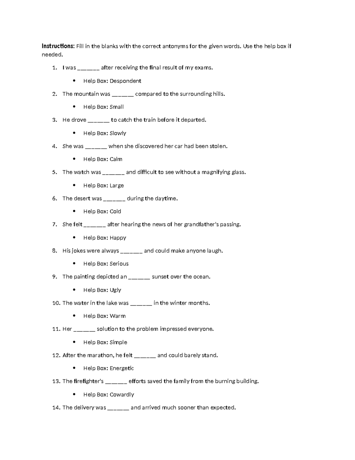 Vocab 2 antonyms - Instructions: Fill in the blanks with the correct ...