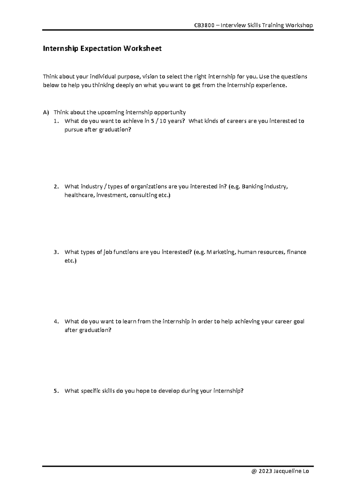 Worksheet - Internship Expectation - CB3800 – Interview Skills Training ...