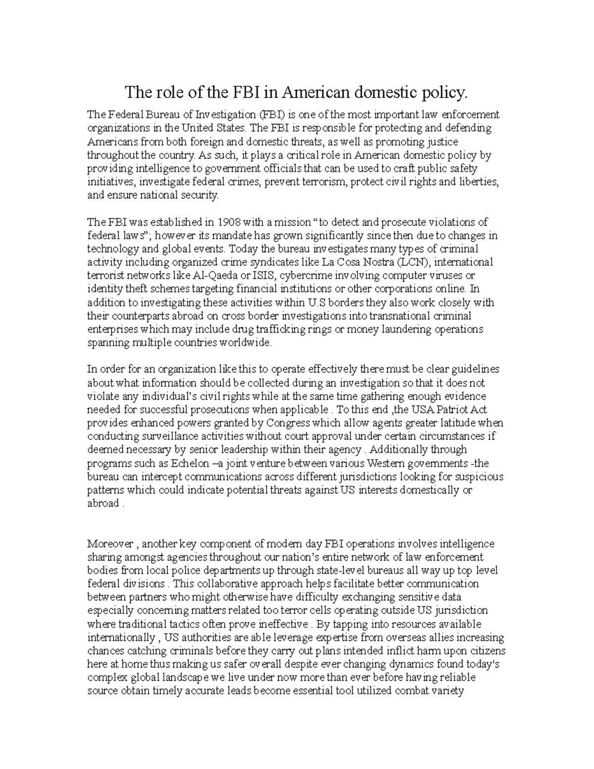 The role of the fbi - The role of the FBI in American domestic policy ...