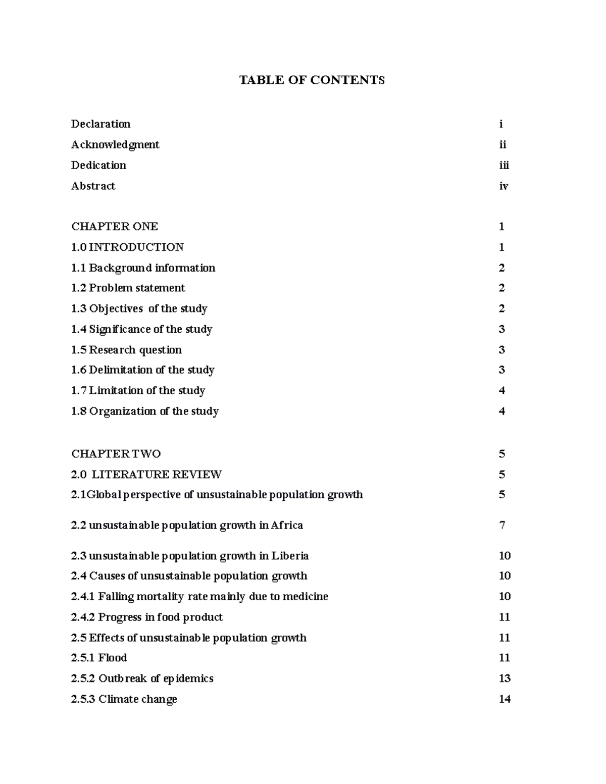 410 Table OF Contents - Reseach work - TABLE OF CONTENTS Declaration i ...