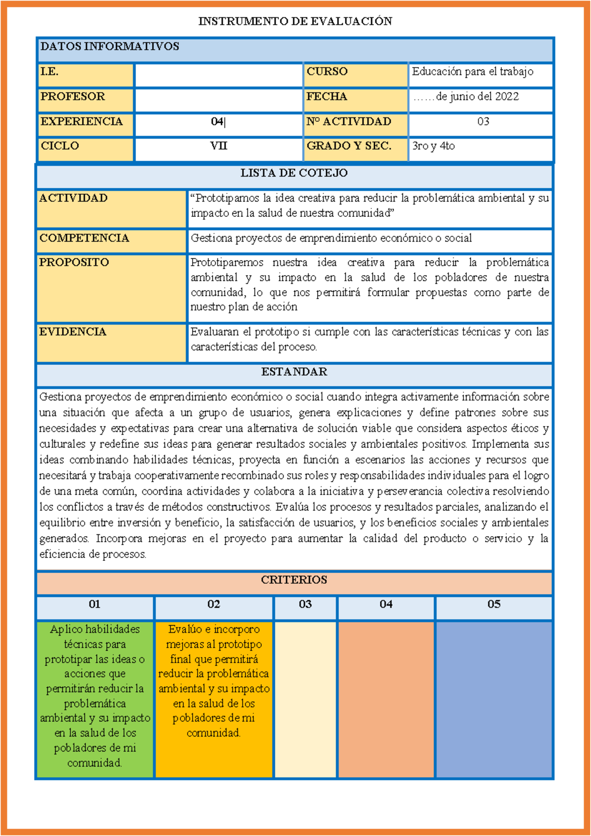 (3Y4) 4 Instrumento DE EVAL. DE EPT (3) - INSTRUMENTO DE EVALUACIÓN DATOS INFORMATIVOS I. CURSO ...