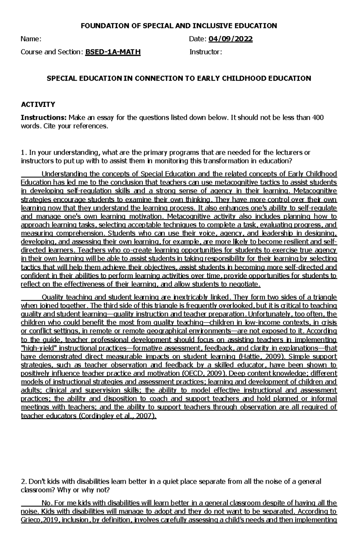 FSIE-Activity 3- Special Education IN Connection TO Early Childhood ...