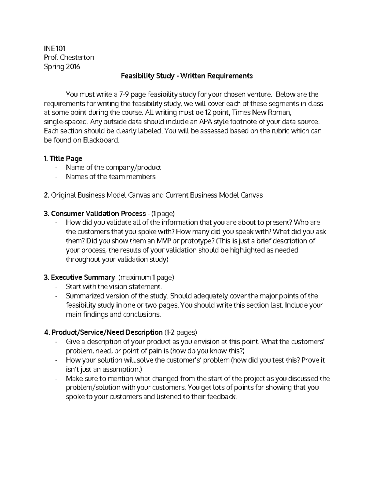 Feasibility Study Assignment - INE 101 Prof. Chesterton Spring 2016 ...