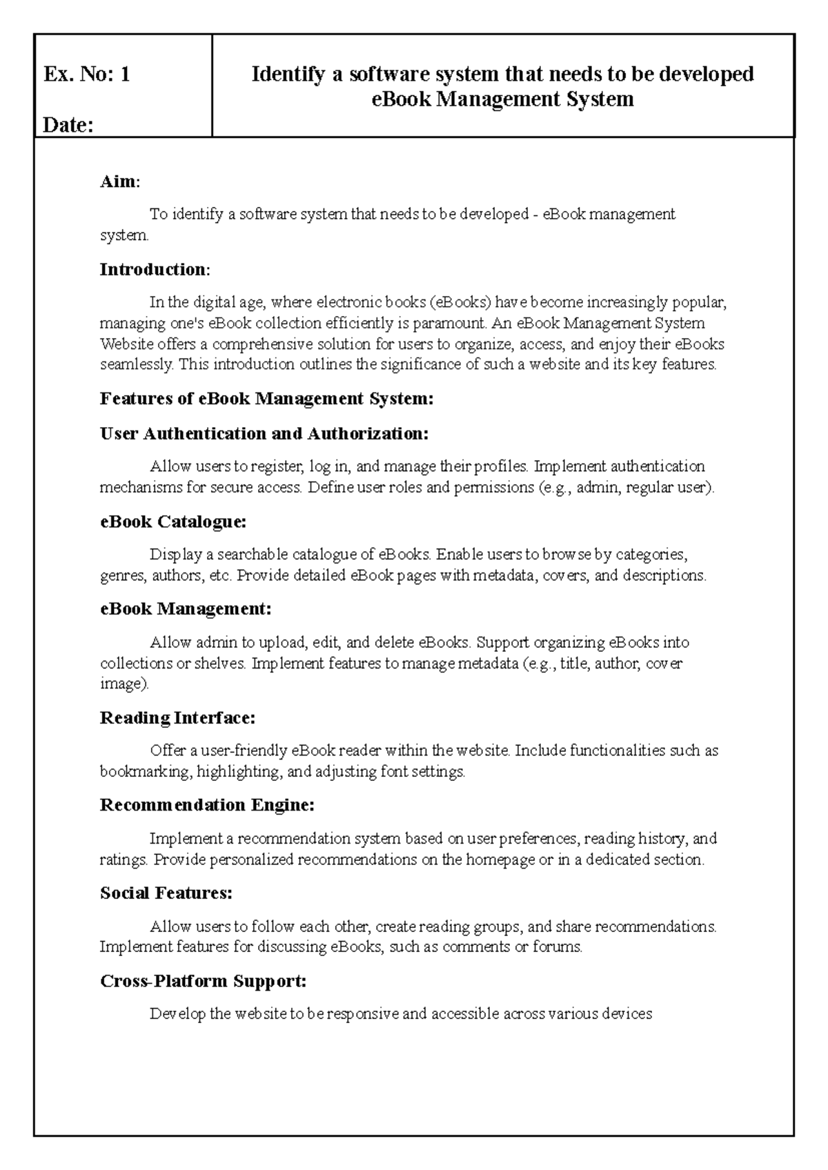 Oose record example - Aim: To identify a software system that needs to ...