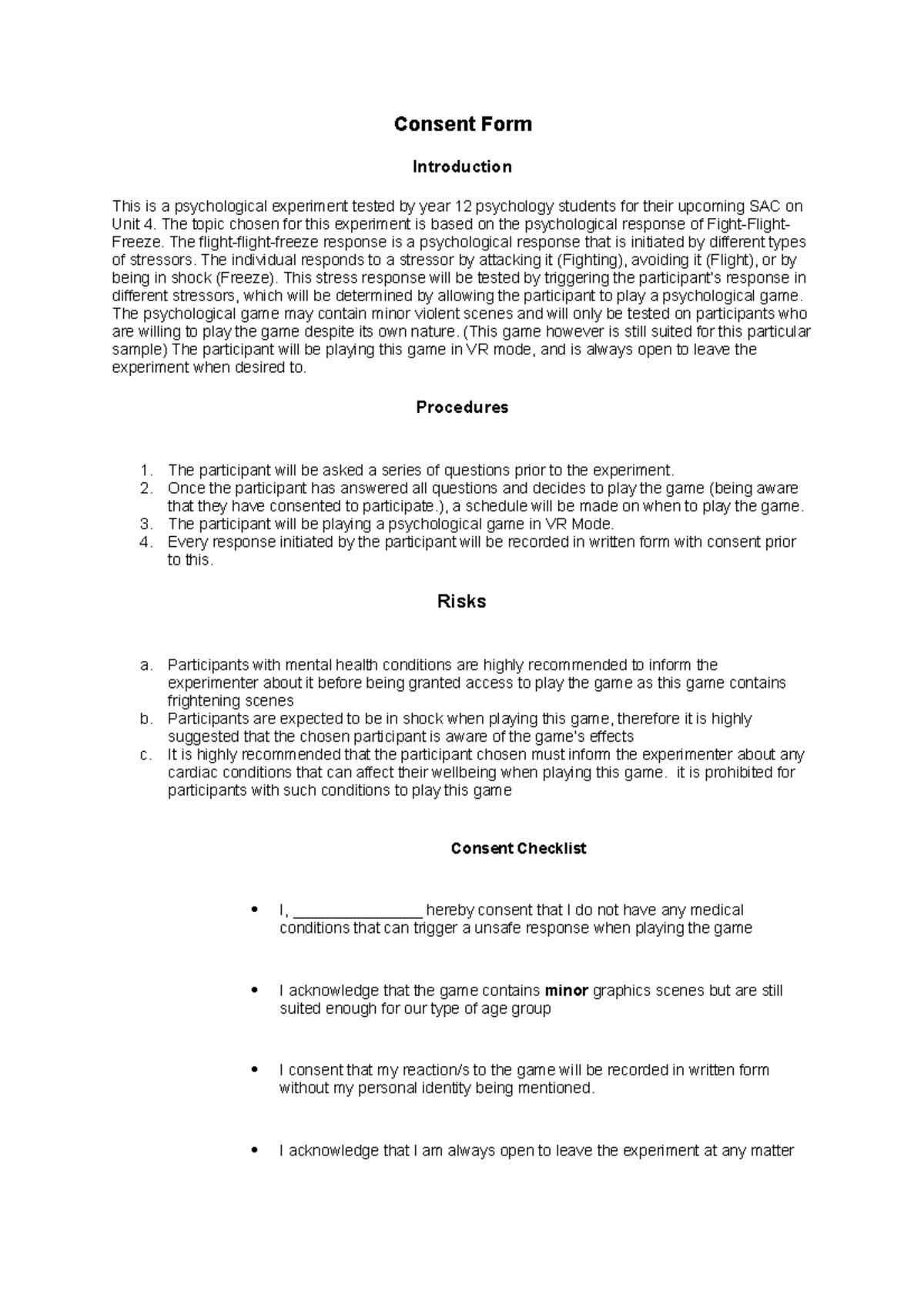 Consent Form - Consent Form Introduction This is a psychological ...