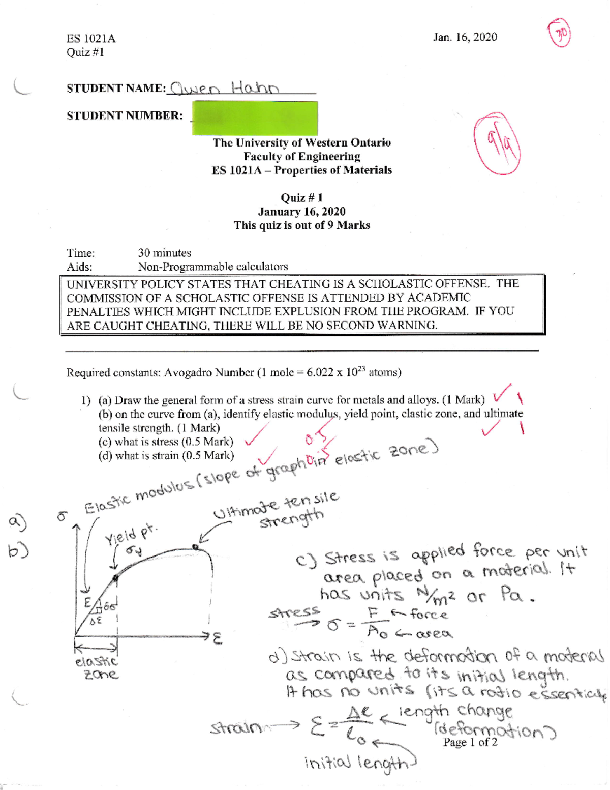 1021 Quiz1 2019-20 V1 - quiz - ES 1021A Quiz # lan, '- STIIDENT NAVrB ...