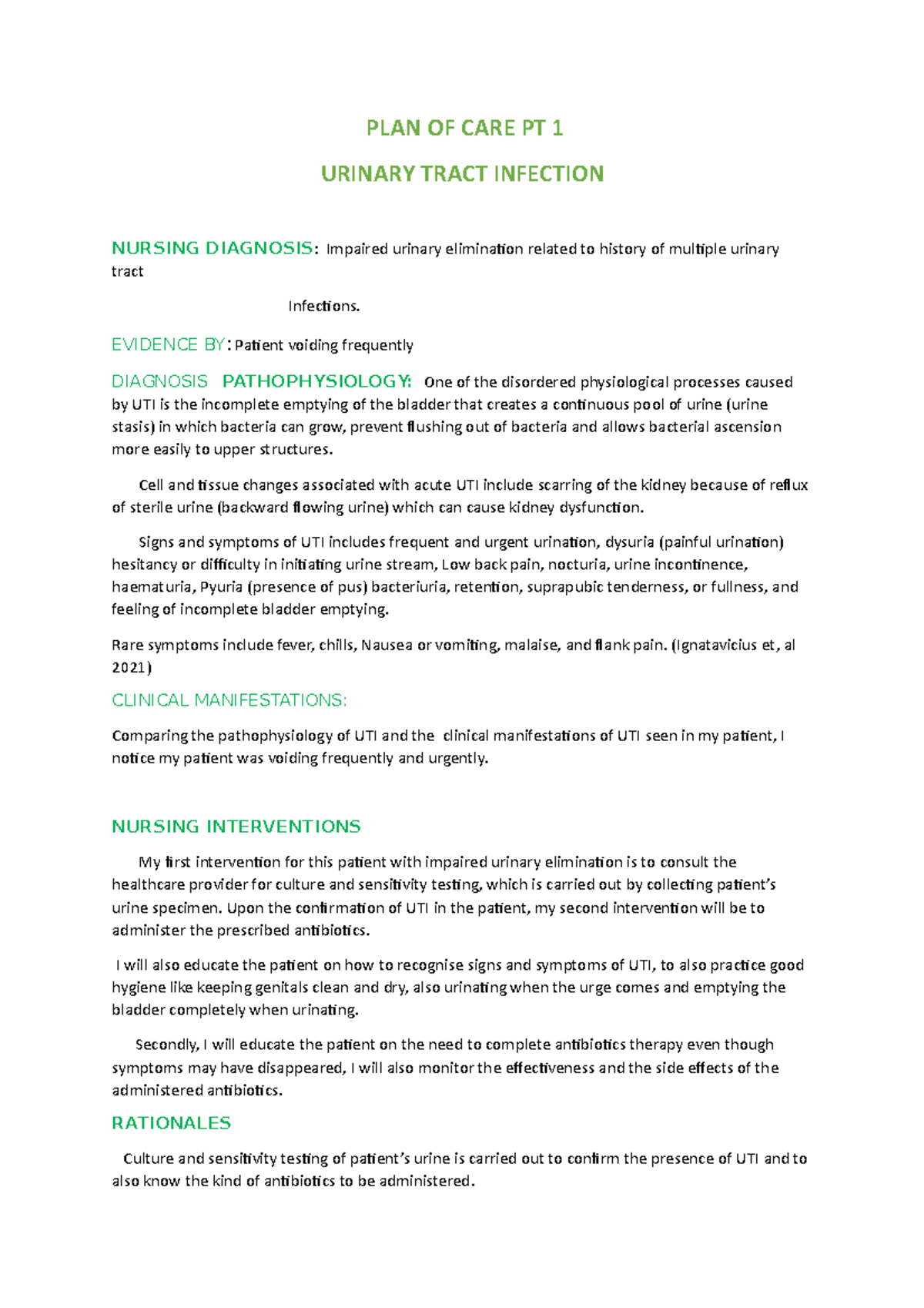 Plan of care 1 pathophysiology and clinical manifestation of UTI - PLAN ...
