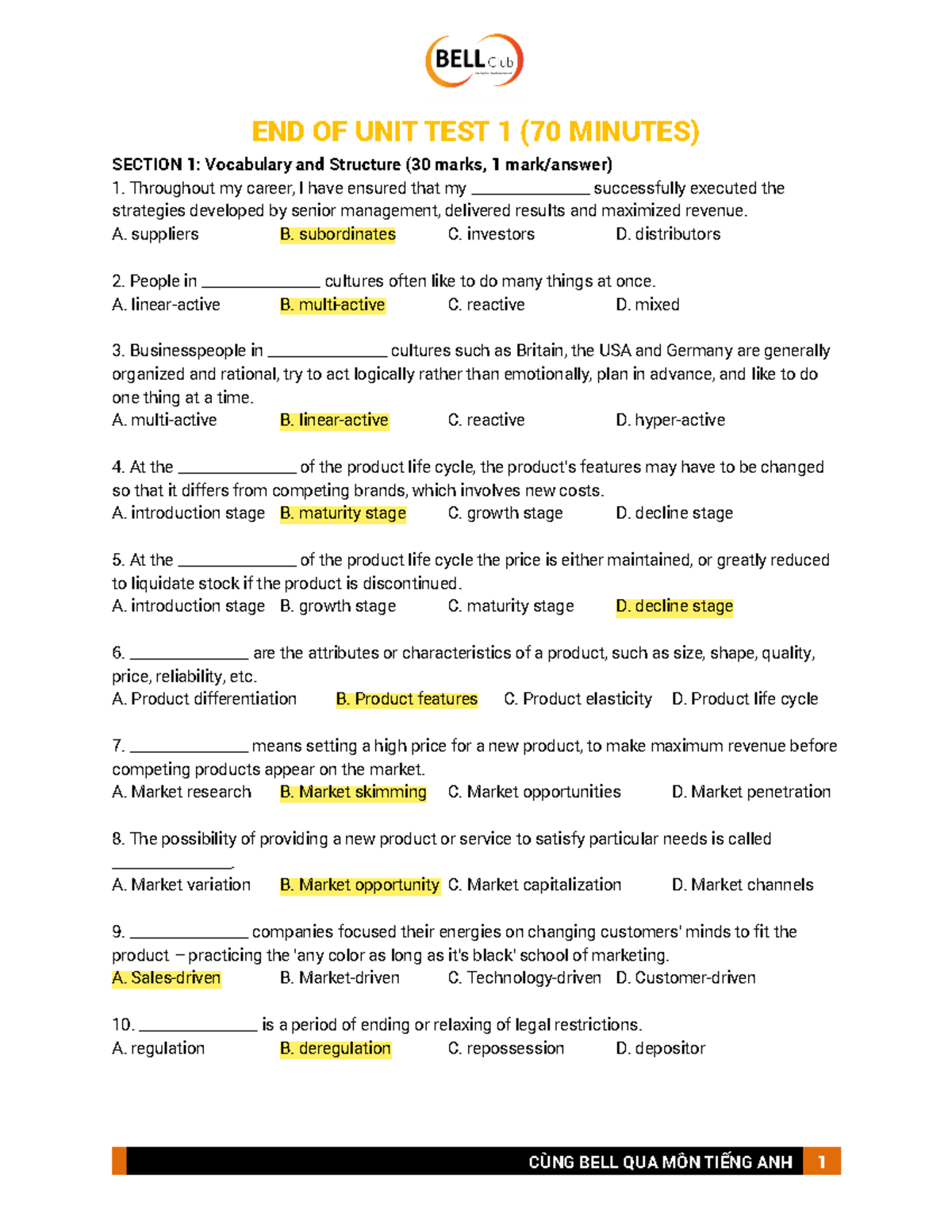 END OF UNIT TEST 1 (HP4 K44) - END OF UNIT TEST 1 (70 MINUTES) SECTION ...