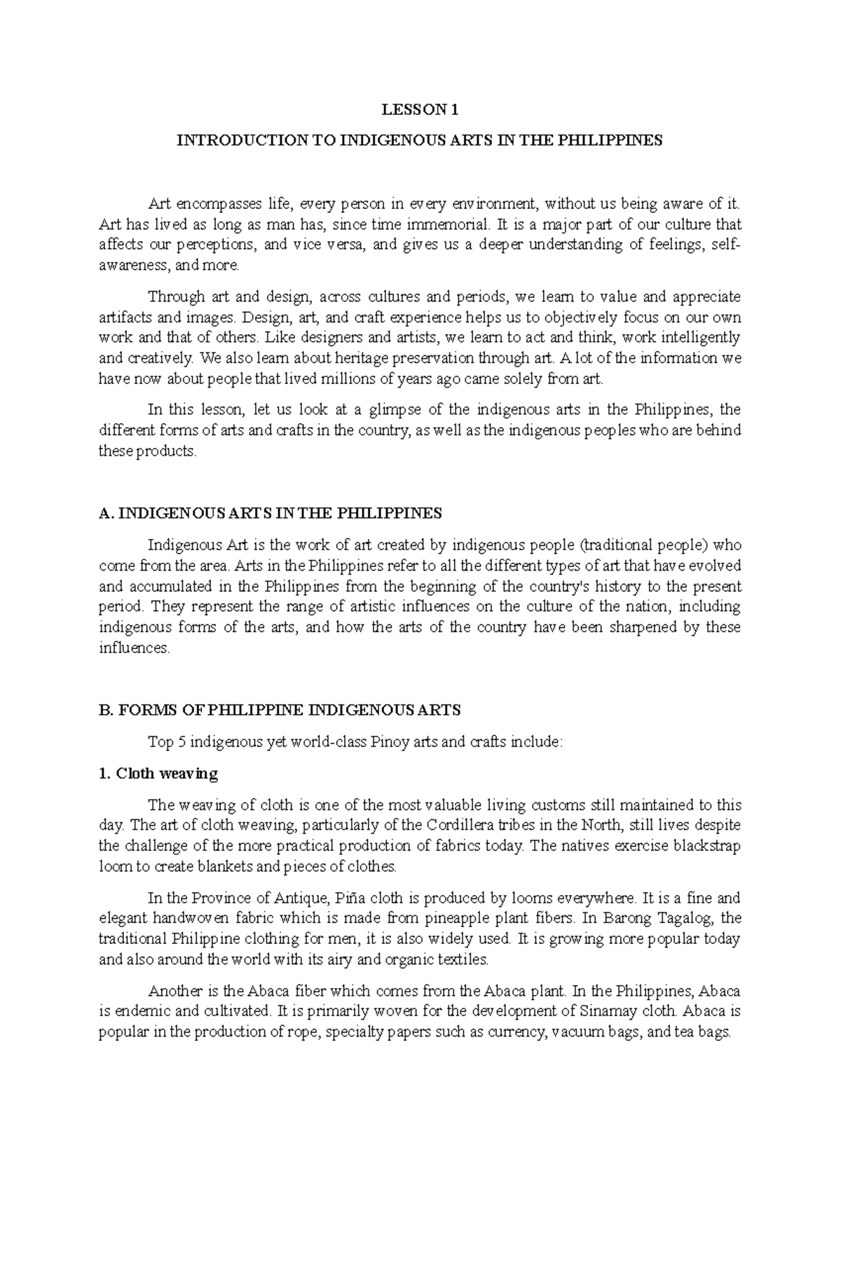 Lesson 1 Introduction TO Indigenous ARTS IN THE Philippines - LESSON 1 ...