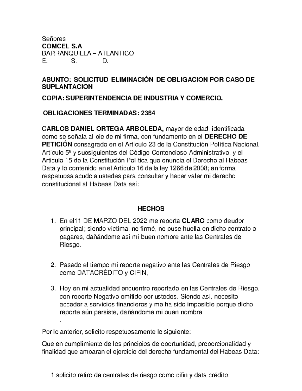 Comcel Suplantacion Carlos Daniel Orosco - Señores COMCEL S ...