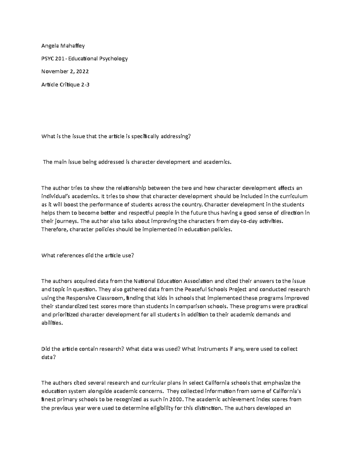 2-3 Article Critqe - dont remeber - Angela Mahaffey PSYC 201 ...