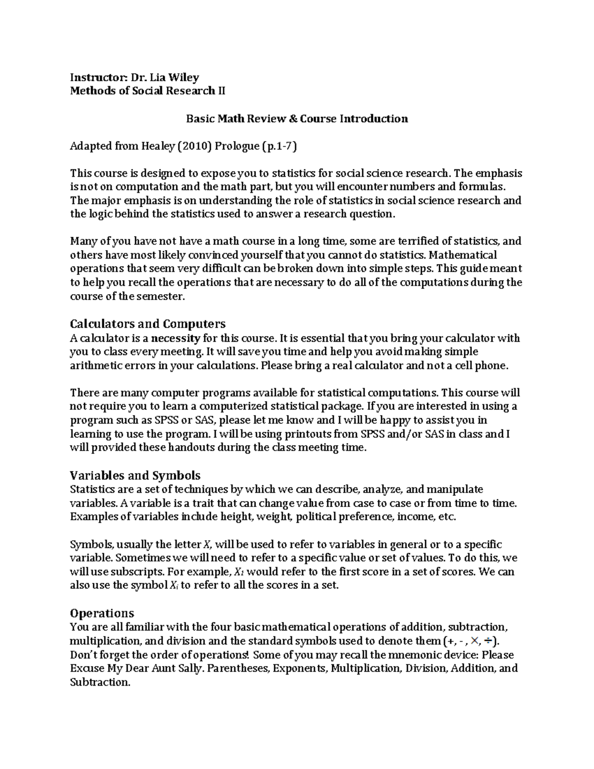 Basic Math Review - Instructor: Dr. Lia Wiley Methods of Social ...