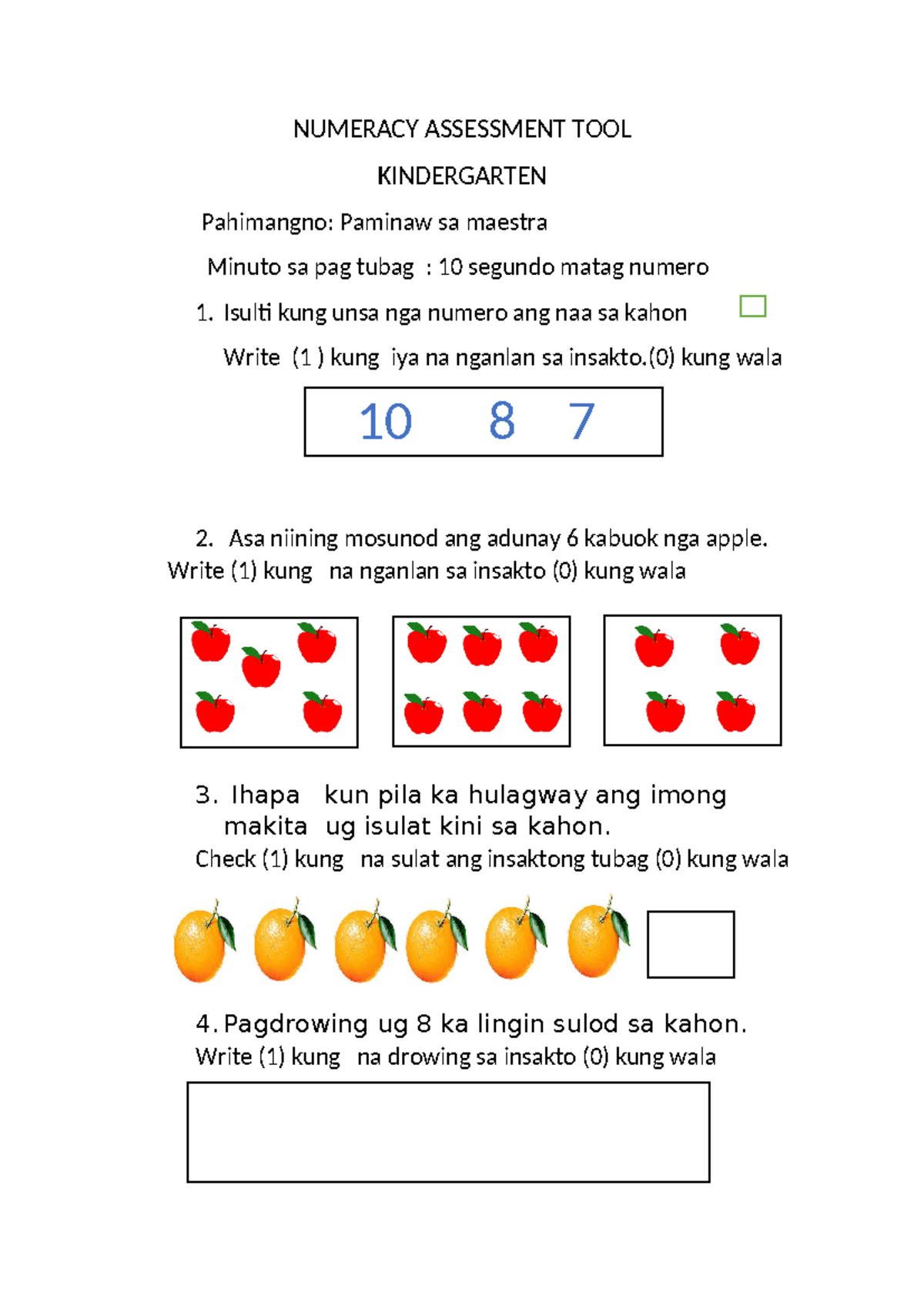 Math assessment tool kinder - ####### NUMERACY ASSESSMENT TOOL ...