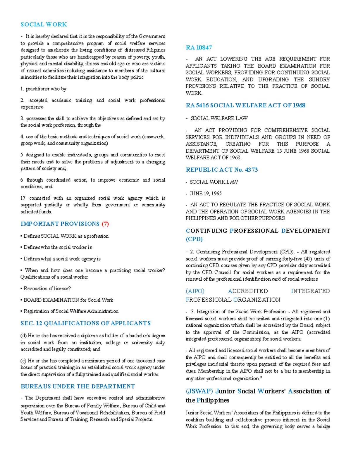 SWP-1- Reviewer - read - SOCIAL WORK It is hereby declared that it is ...