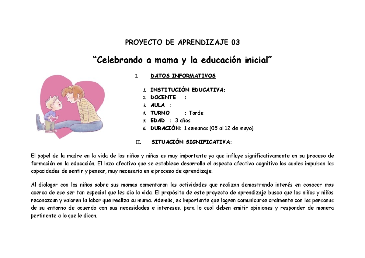 Proyecto DE Aprendizaje dia de la madre - PROYECTO DE APRENDIZAJE 03 ...