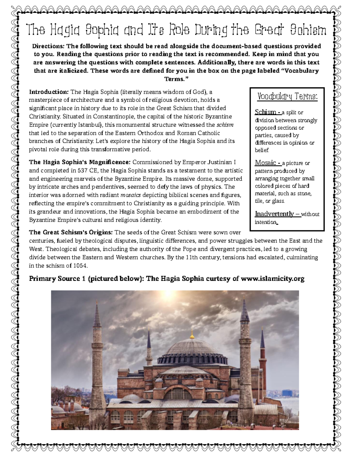Hagia+Sophia+Reading - Directions: The following text should be read ...