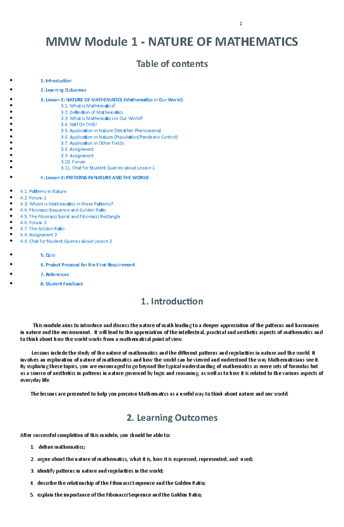 MMW Module 1 - Nature OF Mathematics - MMW Module 1 - NATURE OF MATHEMATICS Table of contents 1 ...