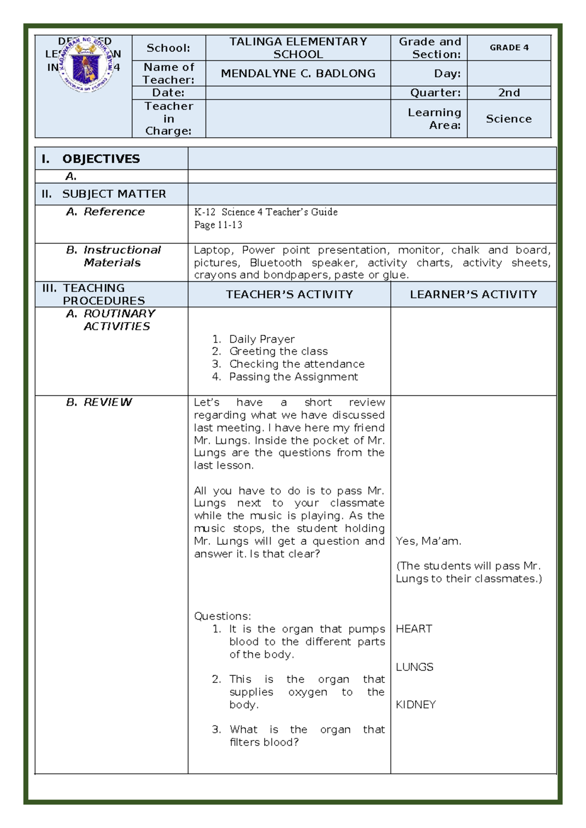COT- Grade-4- Major- Organs-DLP - DETAILED LESSON PLAN IN SCIENCE 4 ...