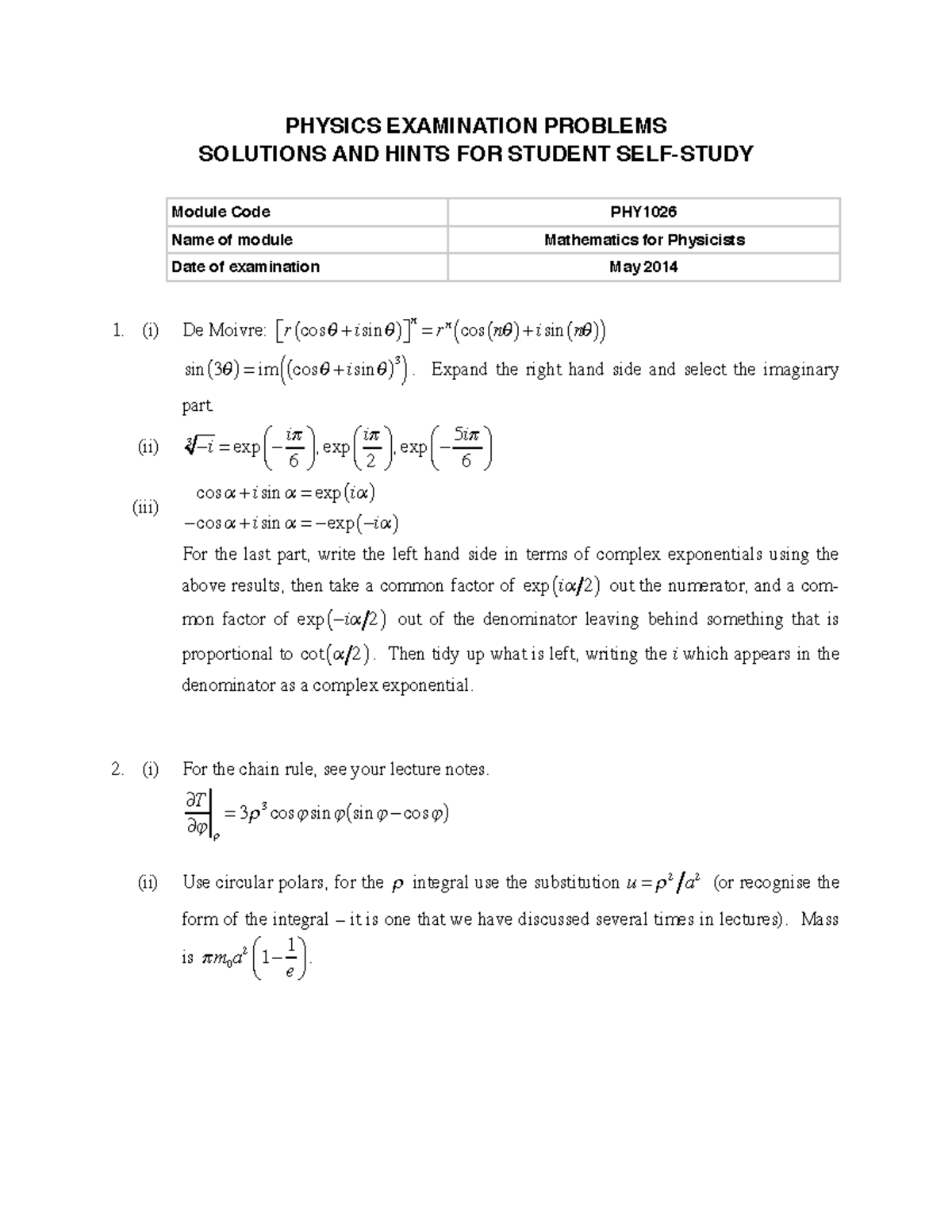 Exam 2014, answers - PHYSICS EXAMINATION PROBLEMS SOLUTIONS AND HINTS ...