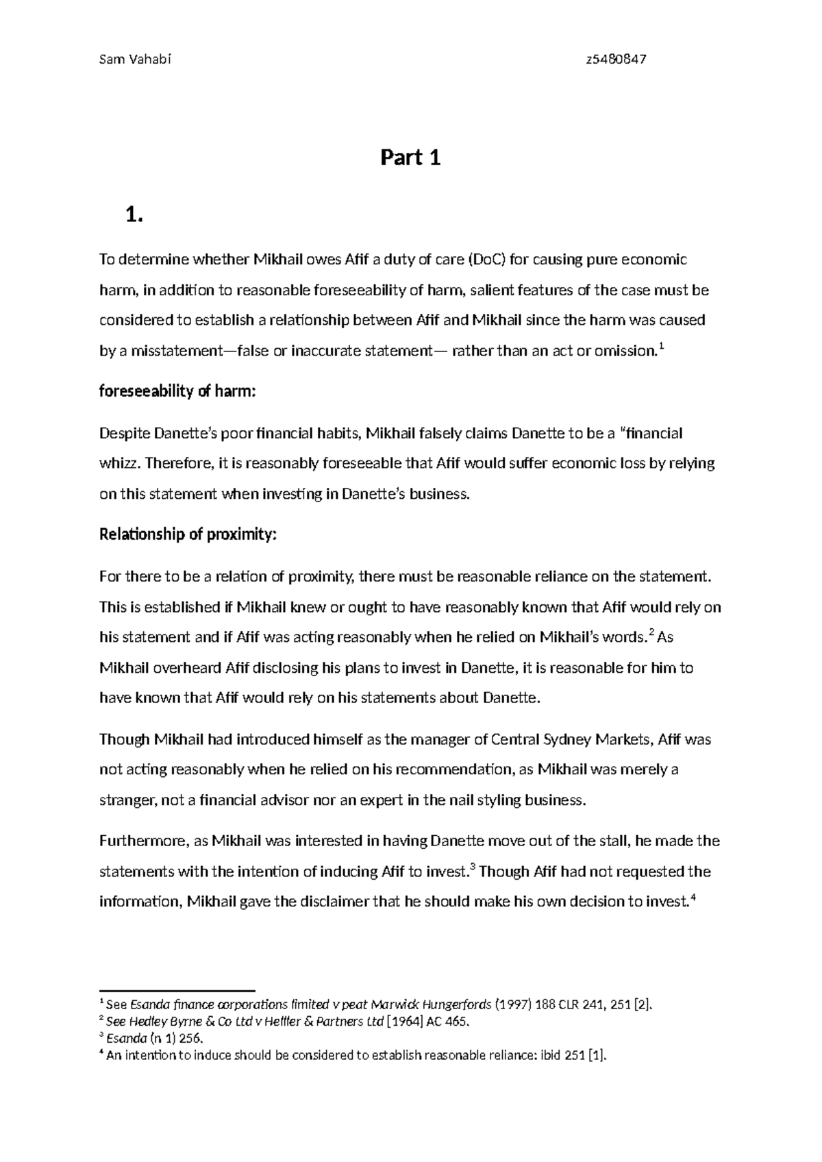 Torts Midterm - Part 1 1. To determine whether Mikhail owes Afif a duty ...