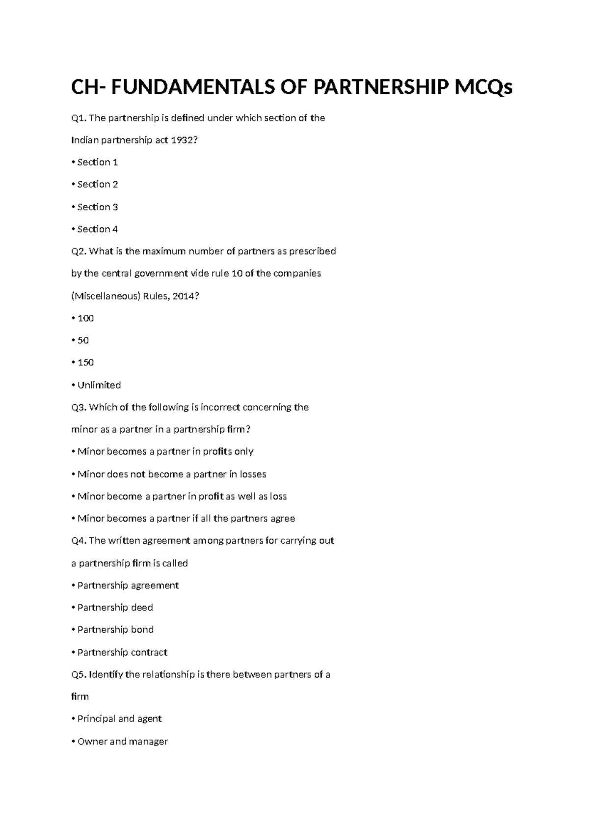 CH Fundamentals OF Partnership - CH- FUNDAMENTALS OF PARTNERSHIP MCQs ...