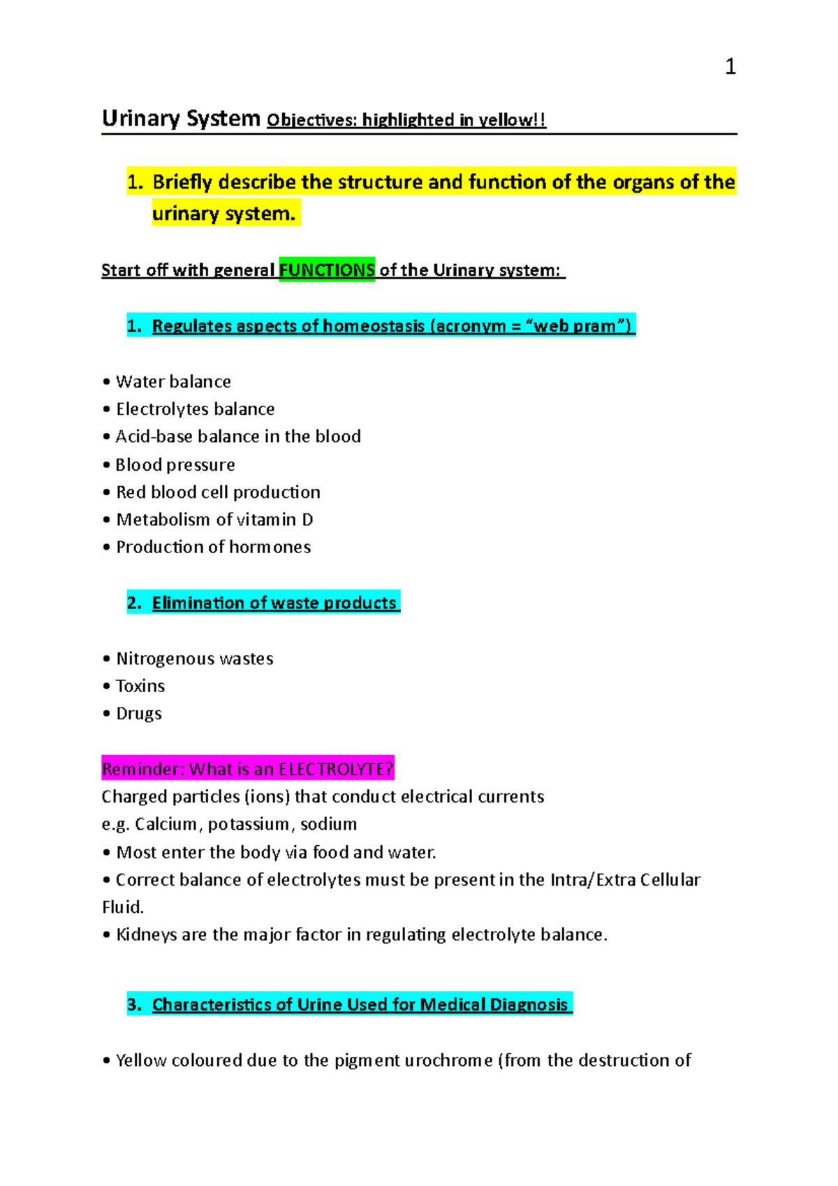 Urinary System - Lecture notes 11 - Urinary System Objectives ...