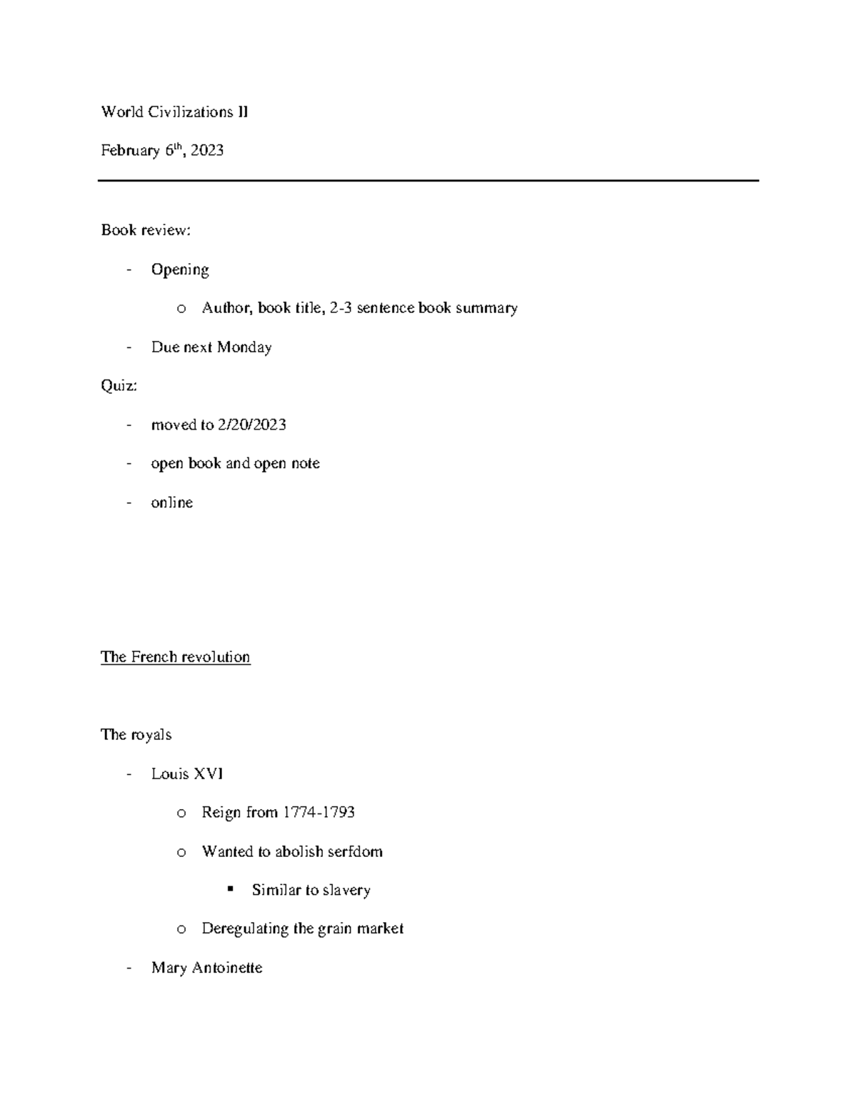 History 2-6 - Lecture notes for spring 2023 - World Civilizations II ...