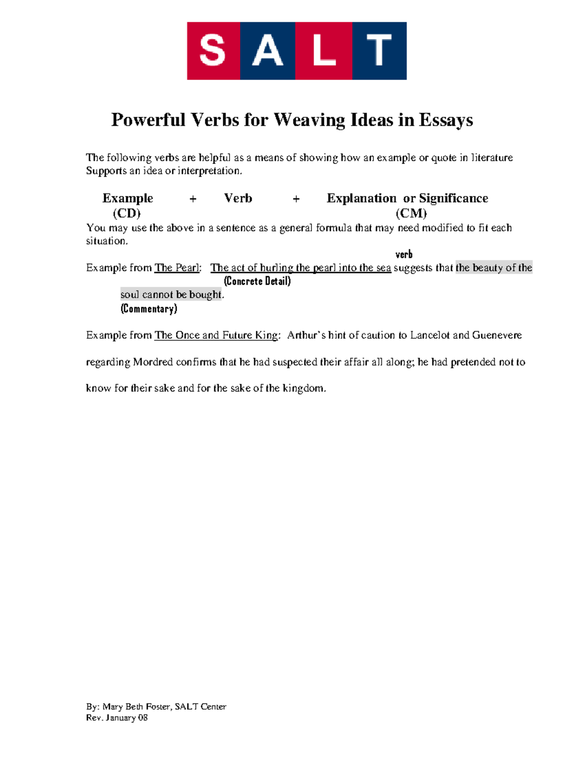Powerful Verbs for Essays - By: Mary Beth Foster, SALT Center Rev ...