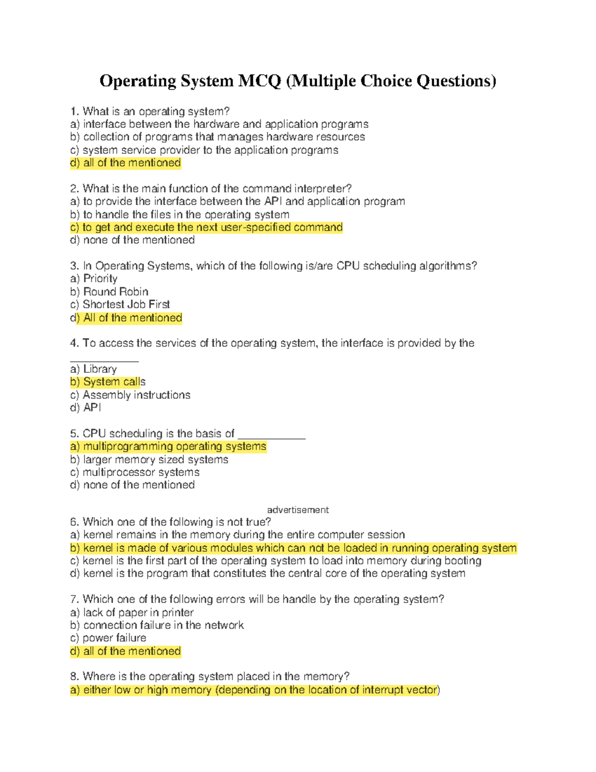 C1 Operating System MCQ - Operating System MCQ (Multiple Choice ...
