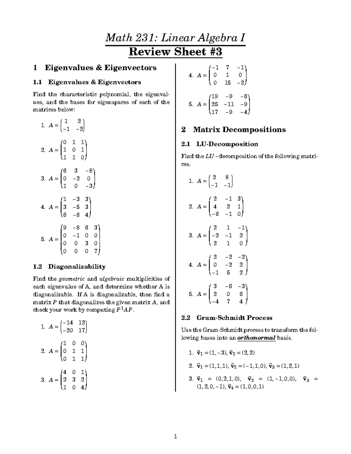 Review Sheet for Exam 3 - Math 231: Linear Algebra I Review Sheet 1 Eigenvalues & Eigenvectors 1 ...