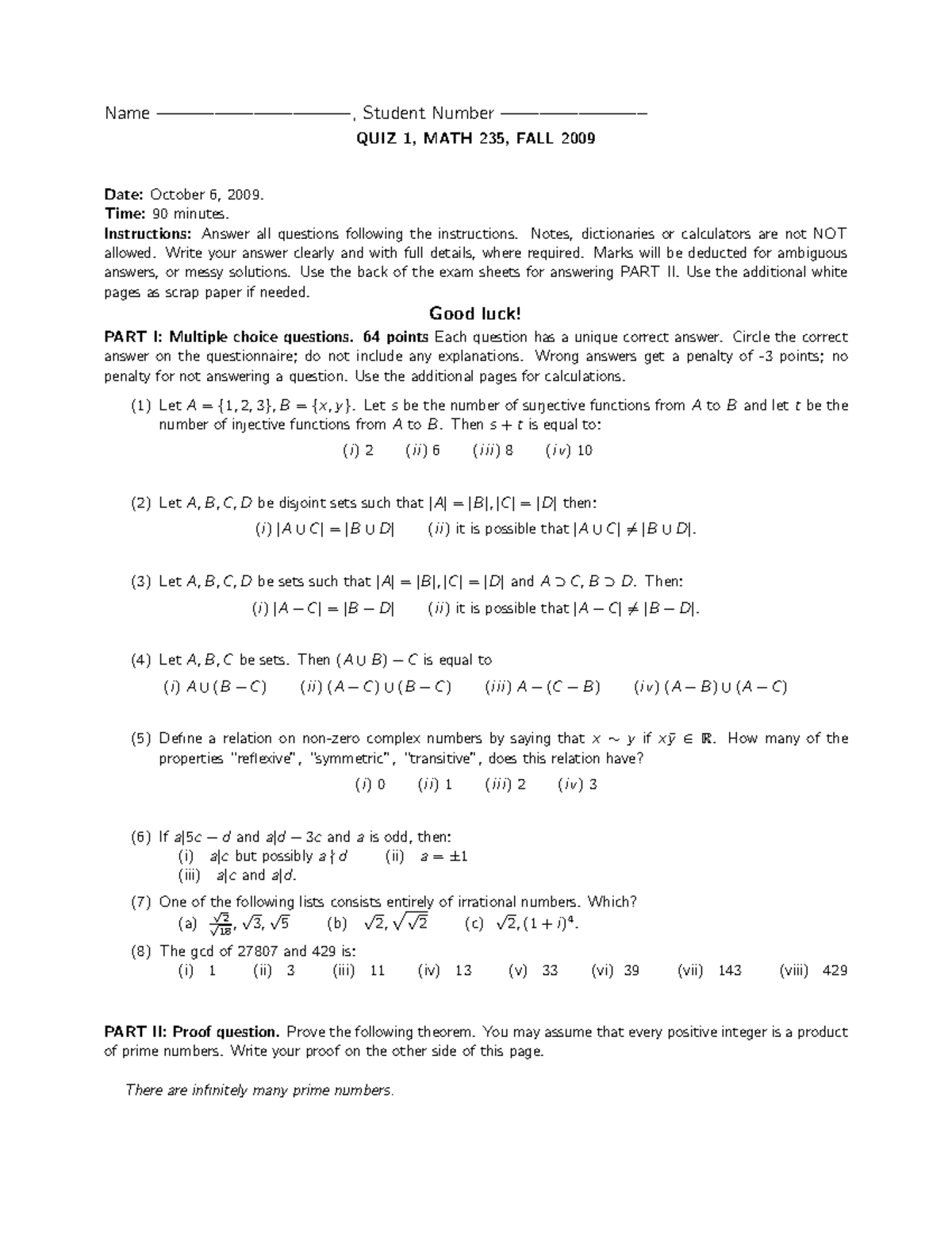 Quiz1 - Quiz in algebra - Name ——————————, Student Number ———————– QUIZ ...