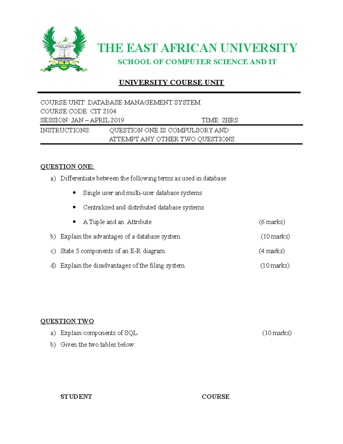 Database Management System Exam - THE EAST AFRICAN UNIVERSITY SCHOOL OF ...