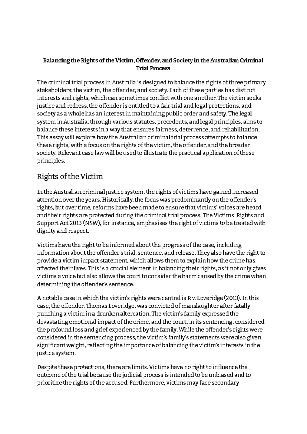 Legal essay - exam question - Balancing the Rights of the Victim ...