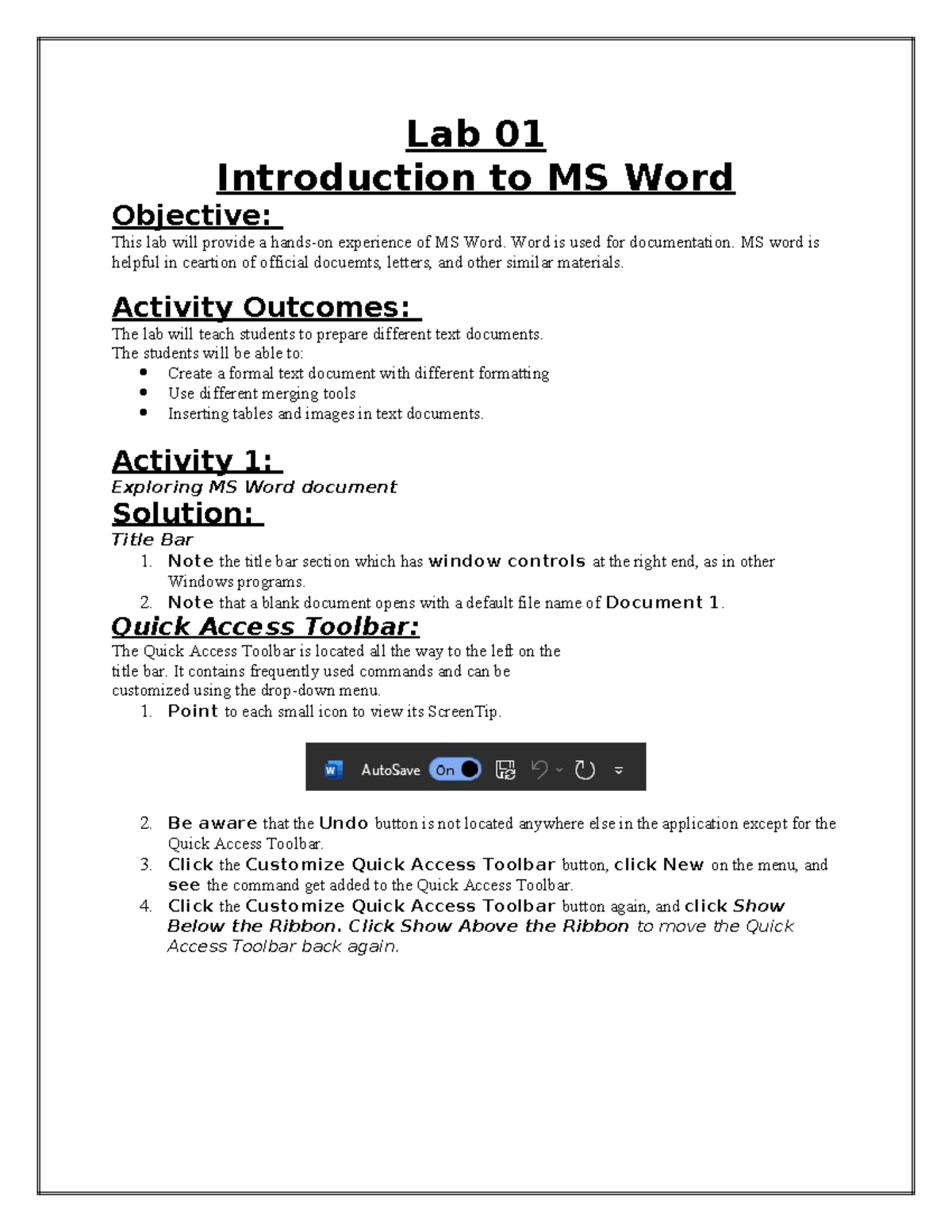 ICT LAB ^N1 - Lab 01 Introduction to MS Word Objective: This lab will provide a hands-on ...