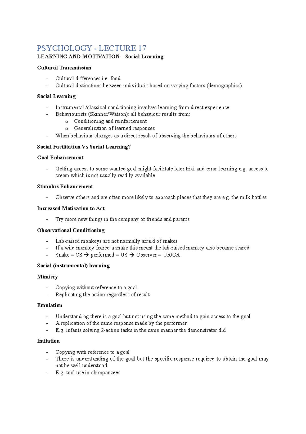 Psychology - Lecture 17 - PSYCHOLOGY LECTURE 17 LEARNING AND MOTIVATION ...