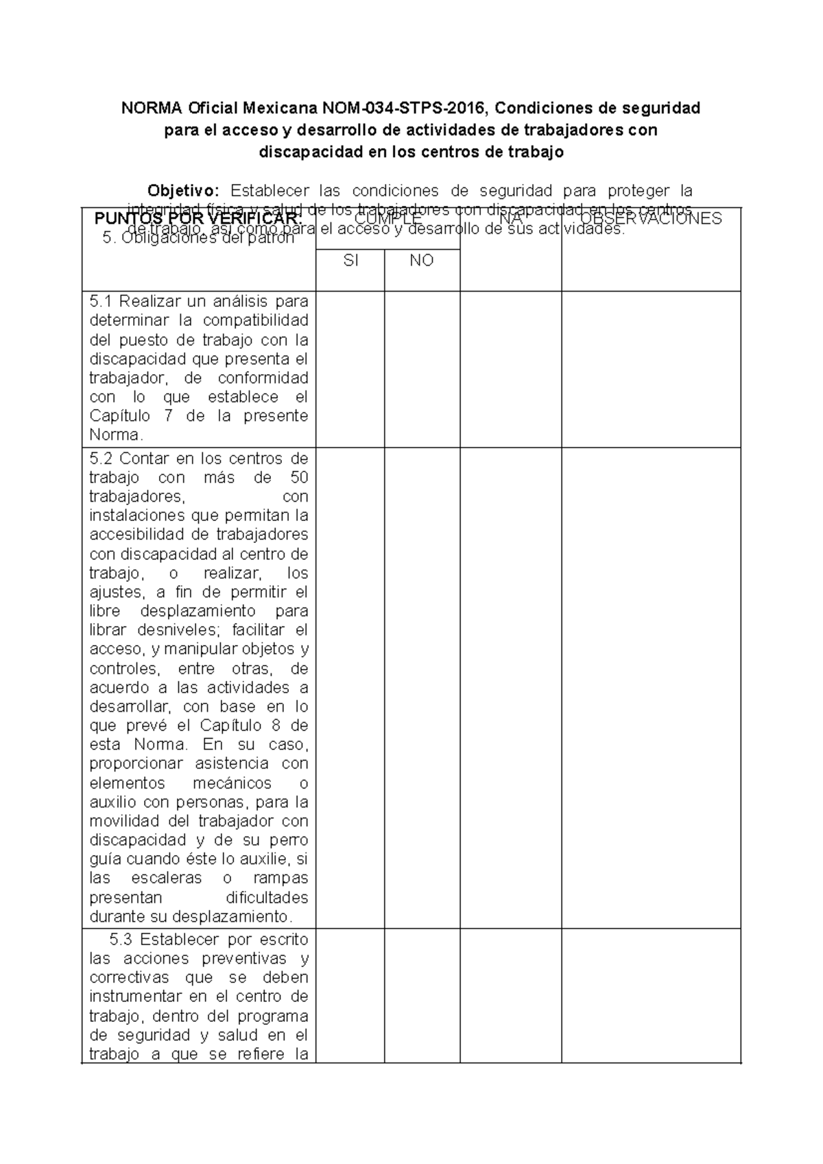 Check list NOM 034 - NORMA Oficial Mexicana NOM-034-STPS-2016 ...