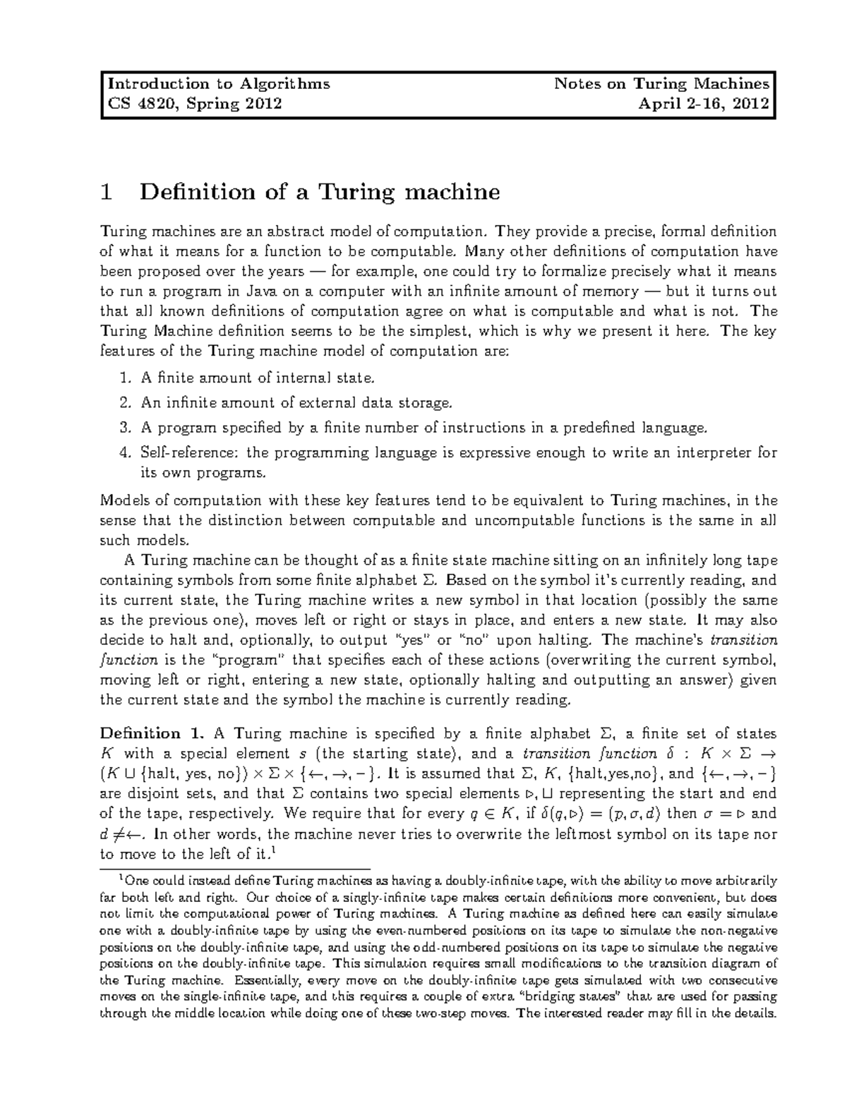Definition Of A Turing Machine Introduction To Algorithms Notes On Turing Machines Cs 4820