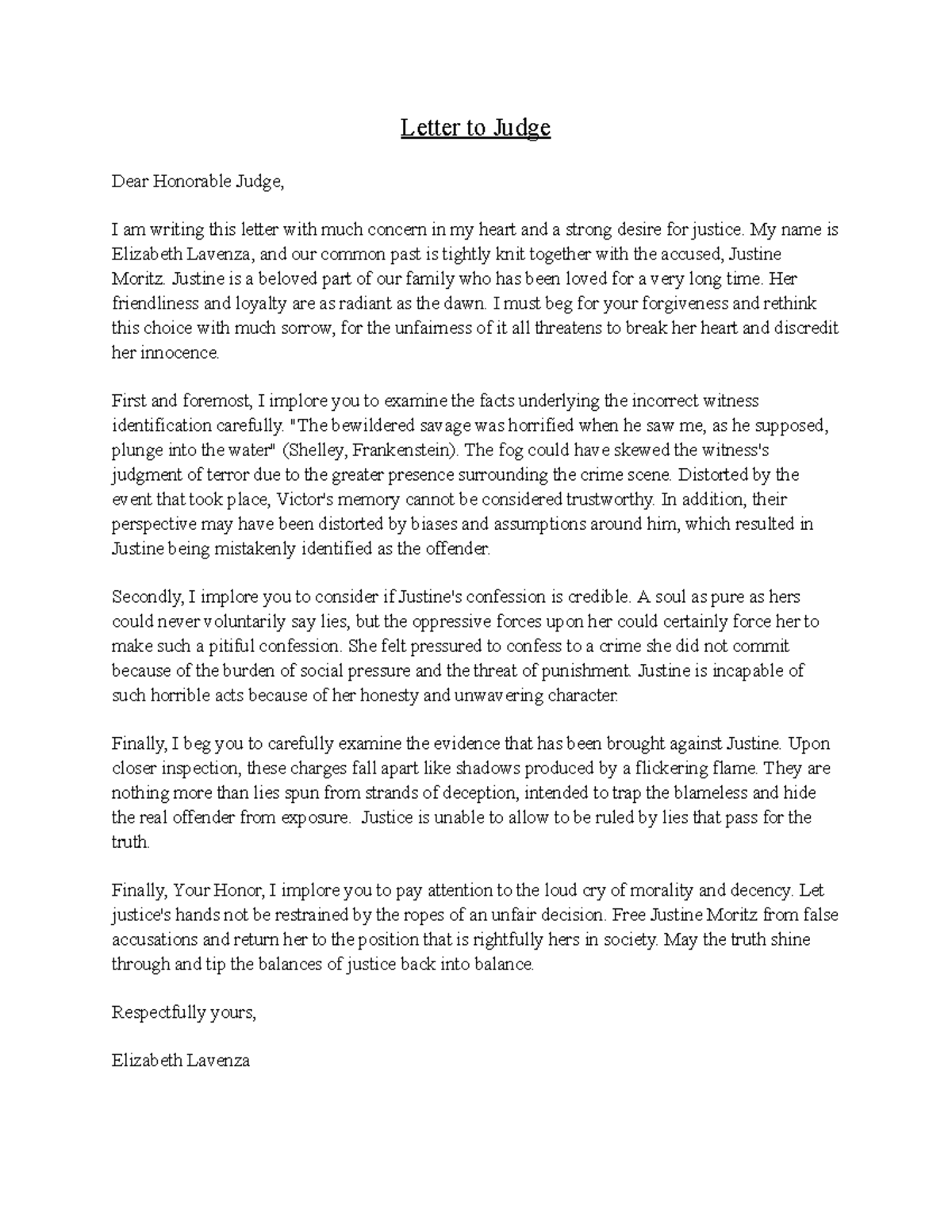 Letter to Judge - ... - Letter to Judge Dear Honorable Judge, I am ...