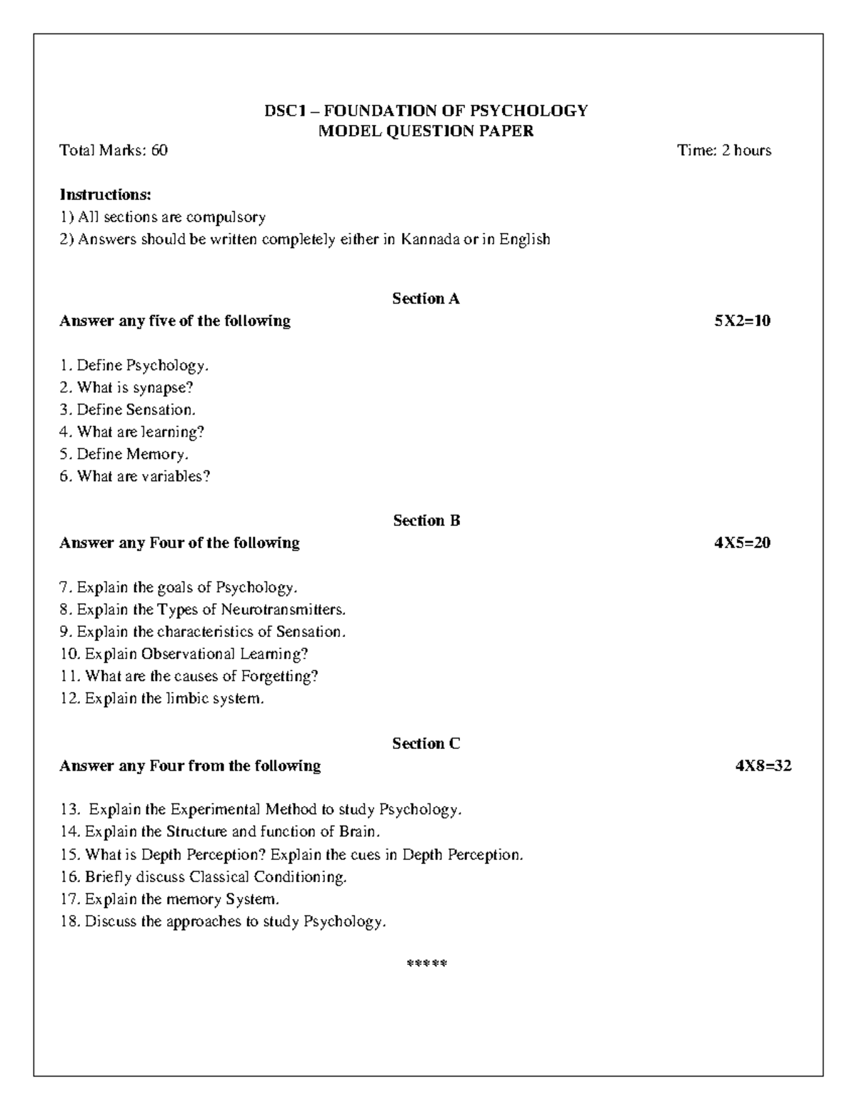 Model QP Psychology - DSC1 – FOUNDATION OF PSYCHOLOGY MODEL QUESTION ...