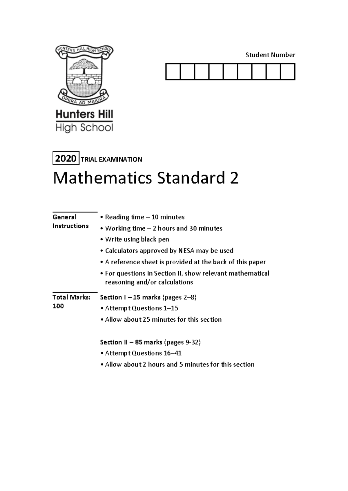 Hunters Hill 2020 Standard Maths Trials - Student Number 2020 TRIAL EXAMINATION Mathematics ...
