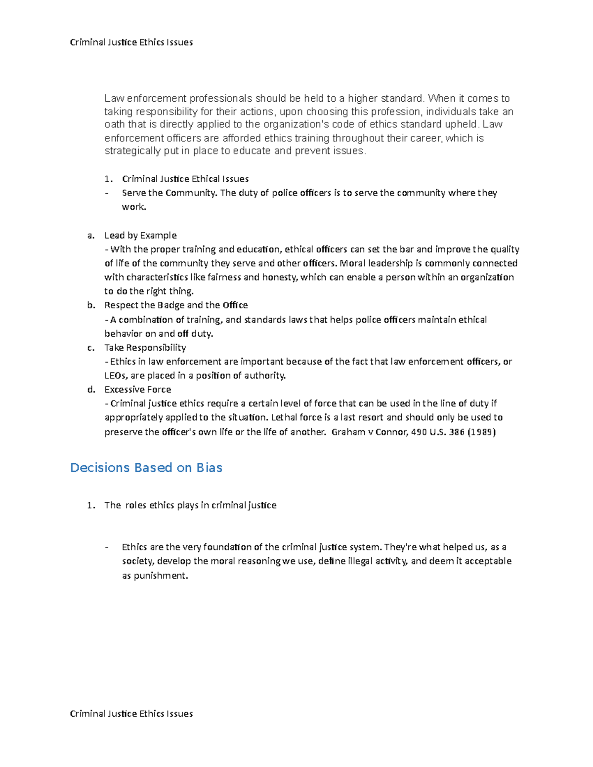 Criminal Justice Ethical Issues Outline - Criminal Justice Ethics ...