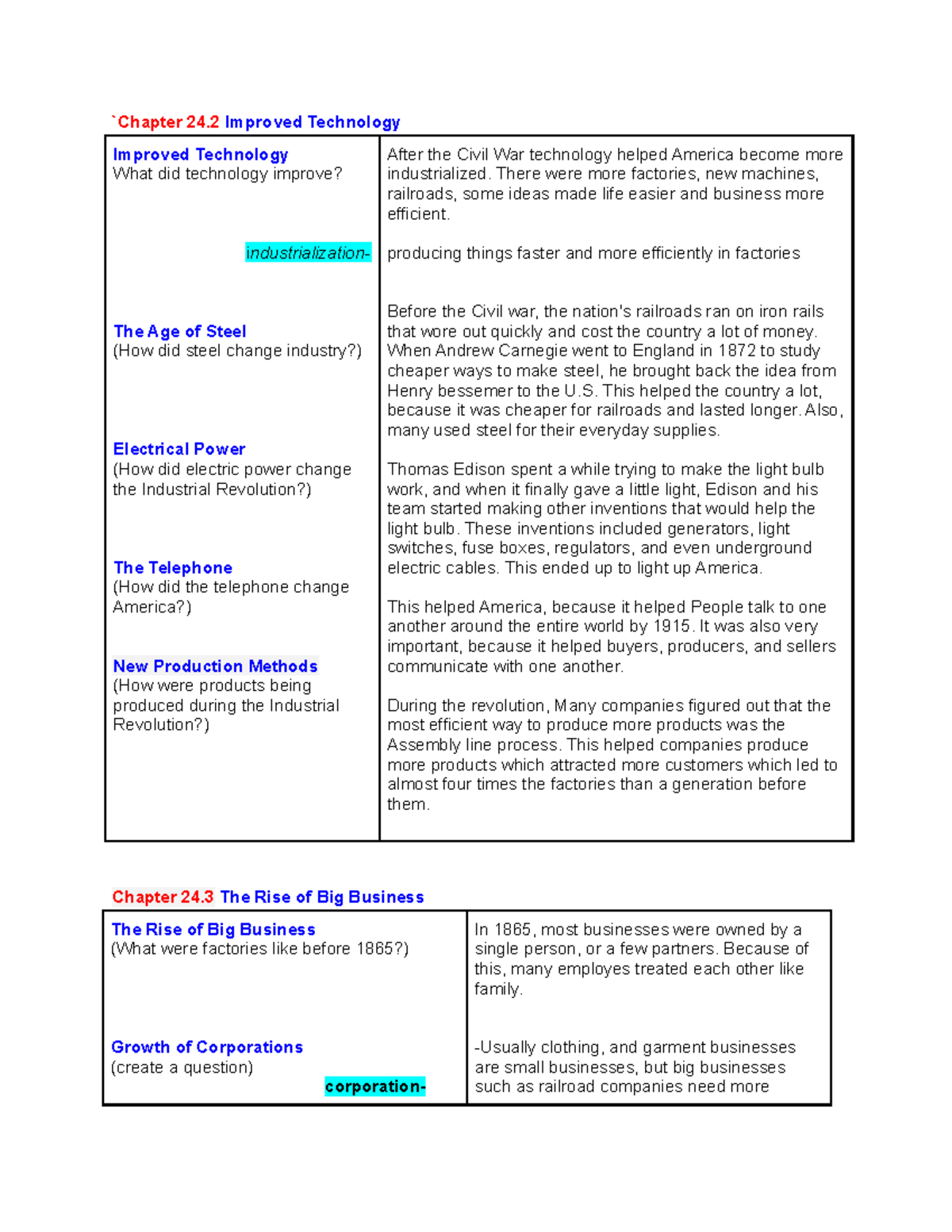 Chapter 24 Two Column Notes - `Chapter 24 Improved Technology Improved ...