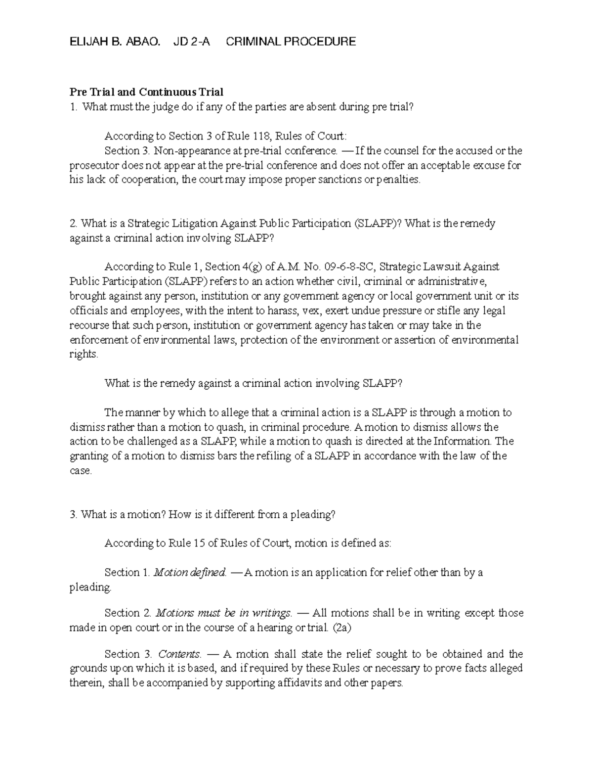 Exercises on Motions, Pre Trial, Trial, and Judgment - Pre Trial and ...