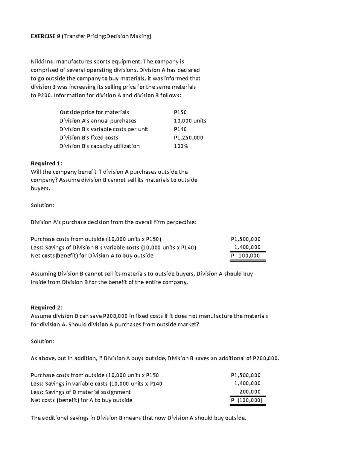 4 - share - Outside price for materials P 10,000 units Division B's ...