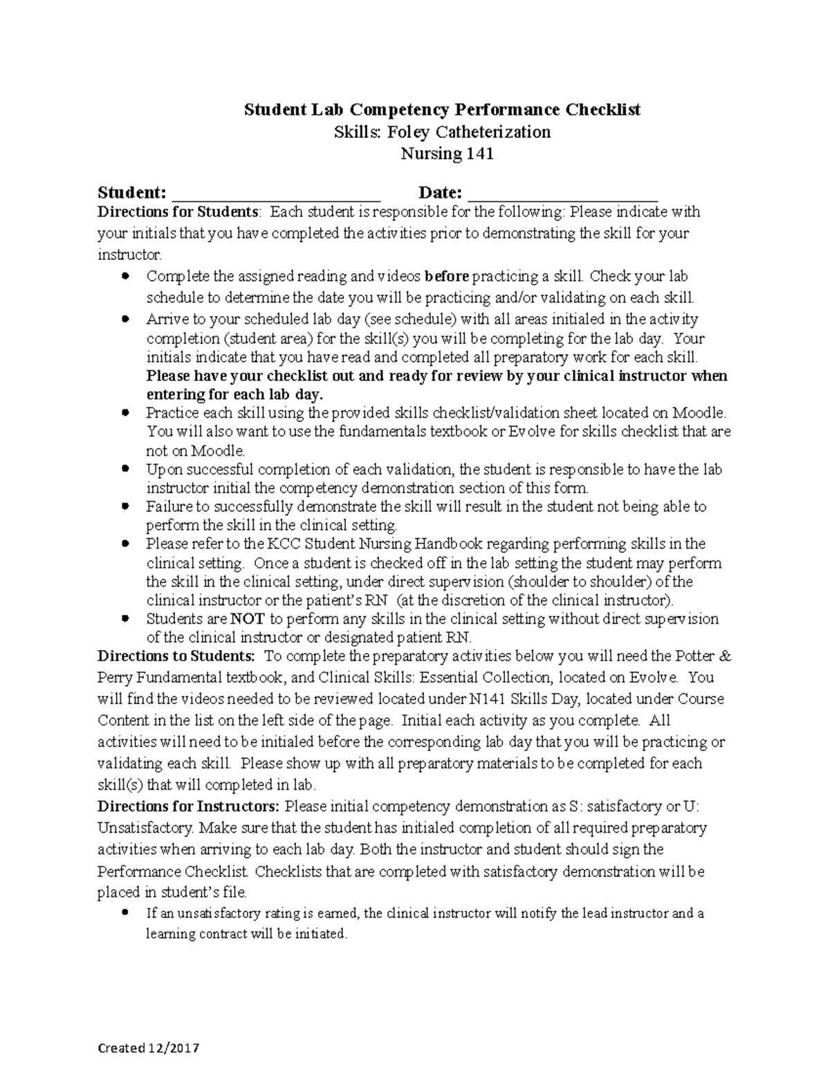 141 Lab Competency Check Off Foley Catheterization - Student Lab ...