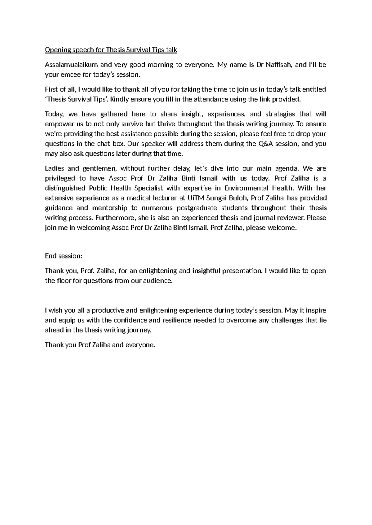 Emcee text for introduction - Opening speech for Thesis Survival Tips ...