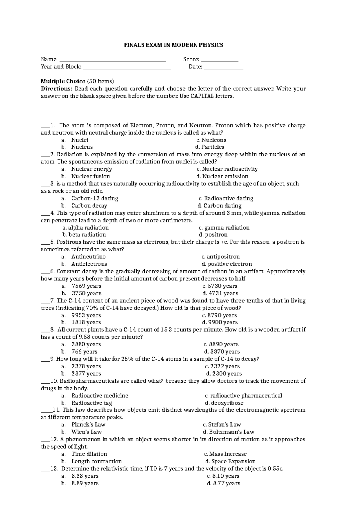 Finals EXAM IN Modern Physics - FINALS EXAM IN MODERN PHYSICS Name ...